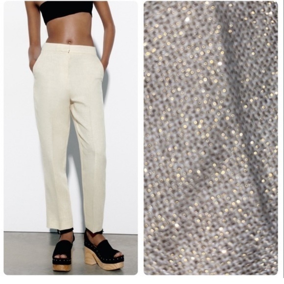 Zara | Pants & Jumpsuits | Nwt Zara Linen With Gold Shimmer Suit Pants ...